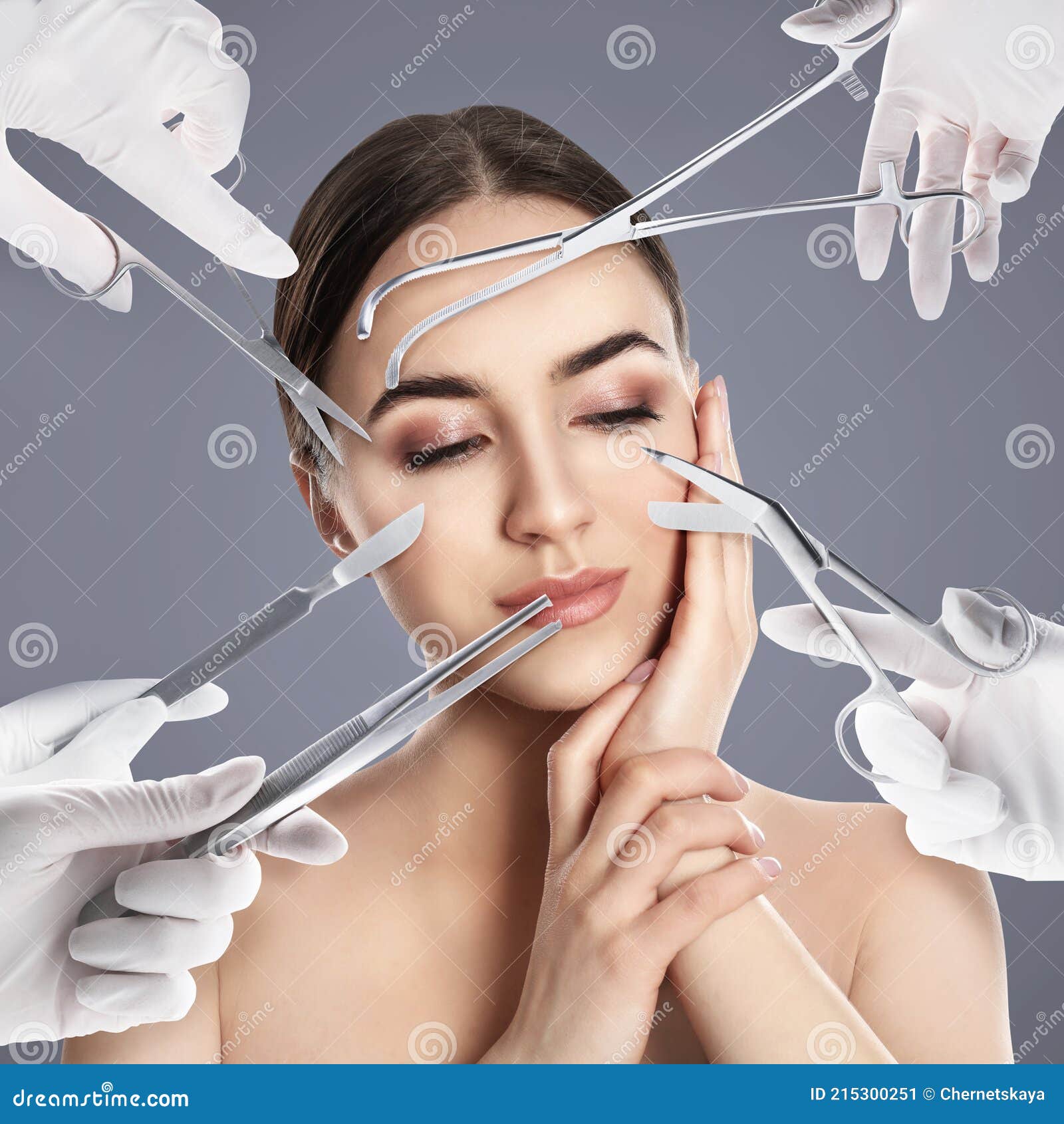 Doctors with Different Instruments and Young Woman on Grey Background ...