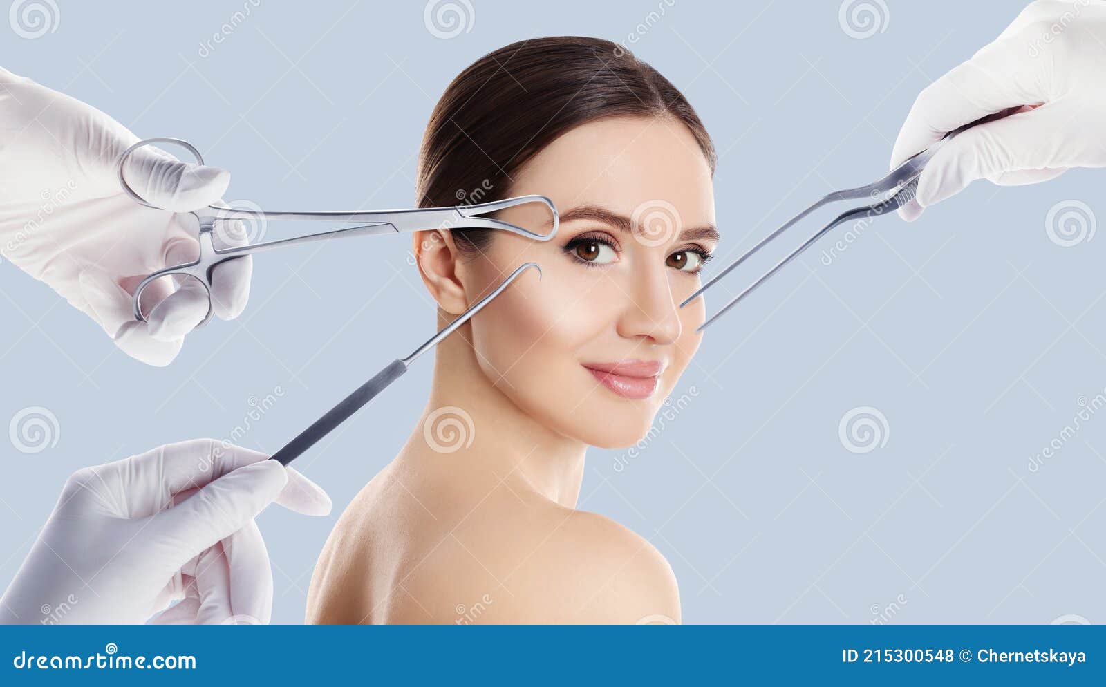 Doctors with Different Instruments and Young Woman on Light Blue ...
