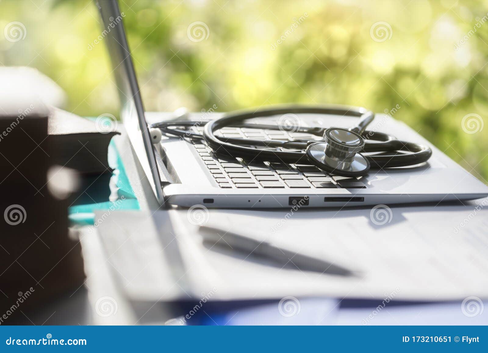 Doctors Laptop Computer and Stethoscope in Surgery Stock Image - Image ...