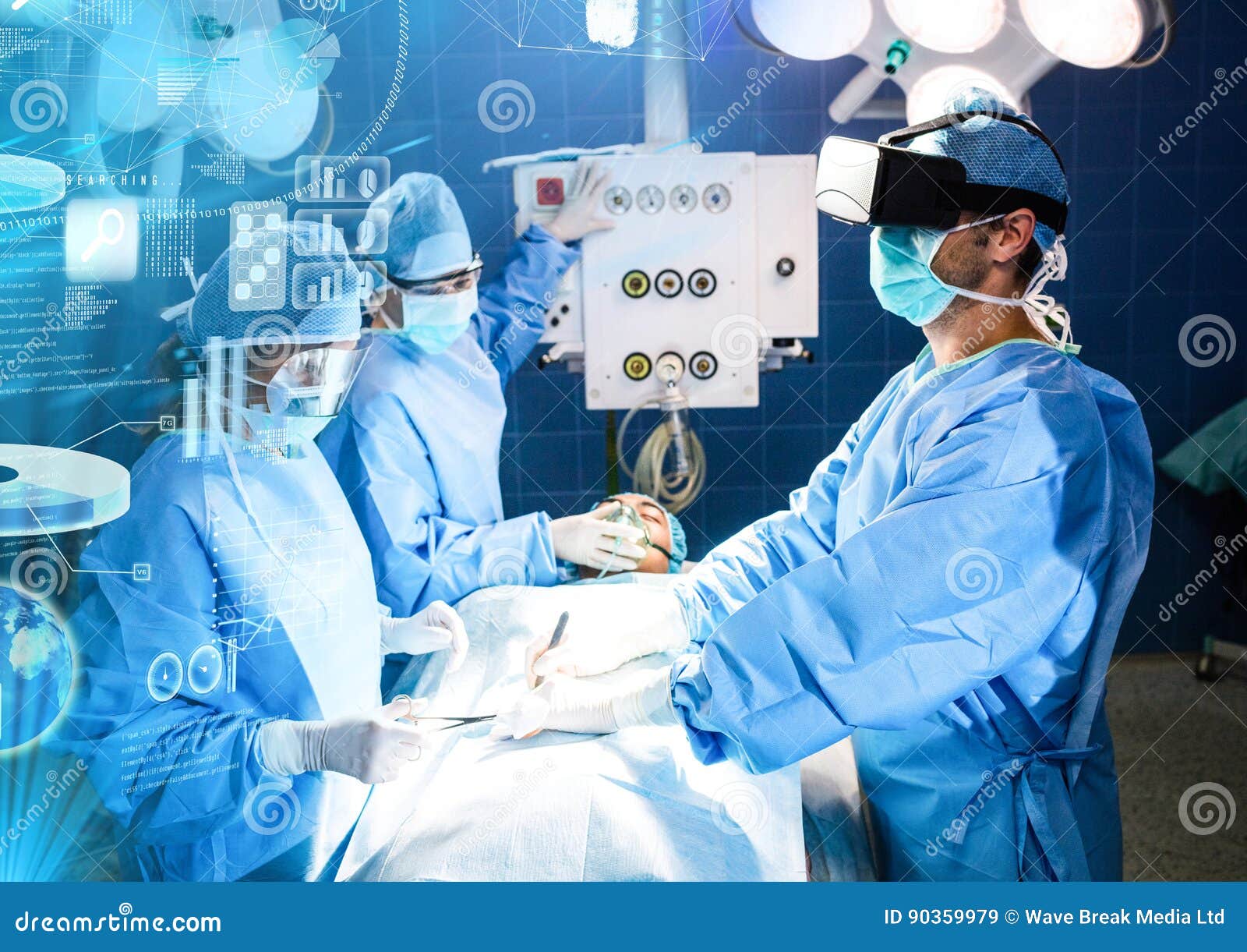 Doctors Operating Wearing VR Virtual Reality Headset with Interface ...
