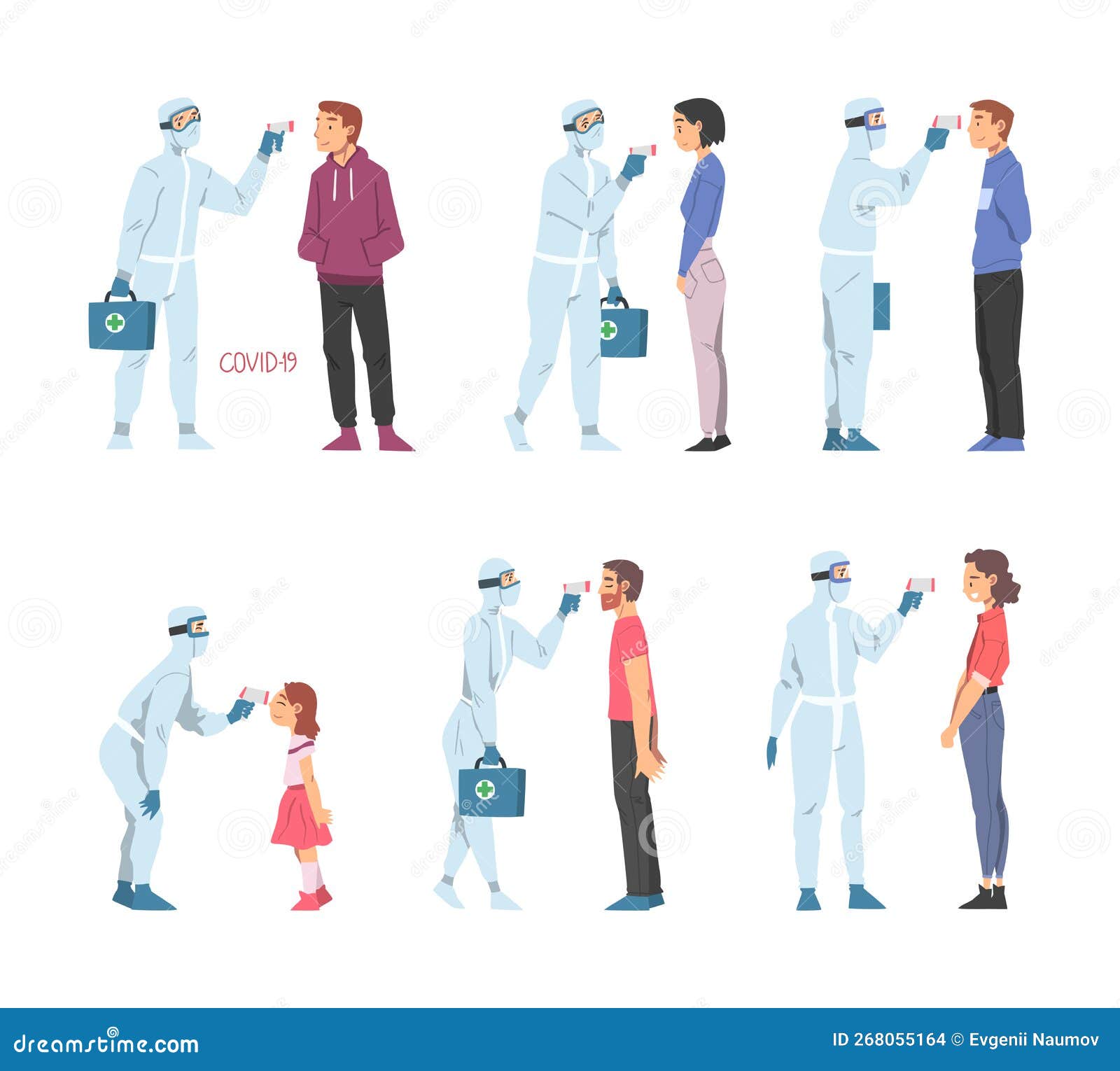 Doctors in Protective Suit Measuring Temperature of People with Body ...