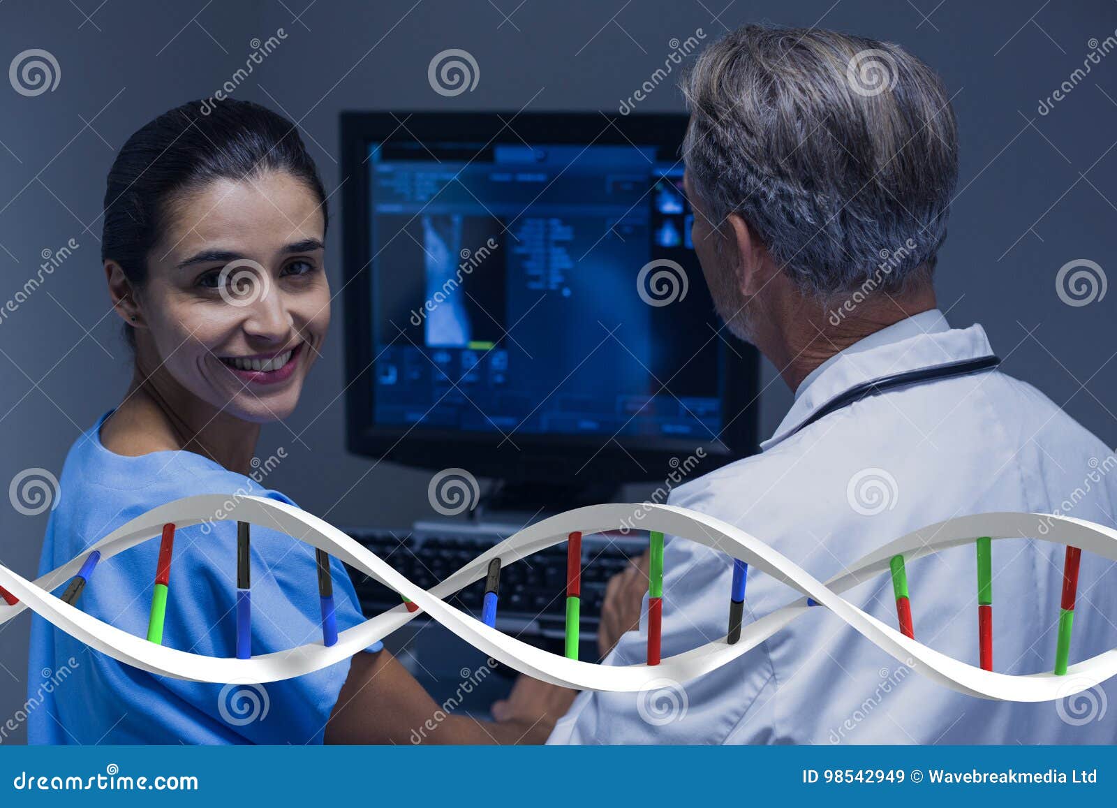 Doctors Sitting with 3D DNA Strands Stock Image - Image of checking ...