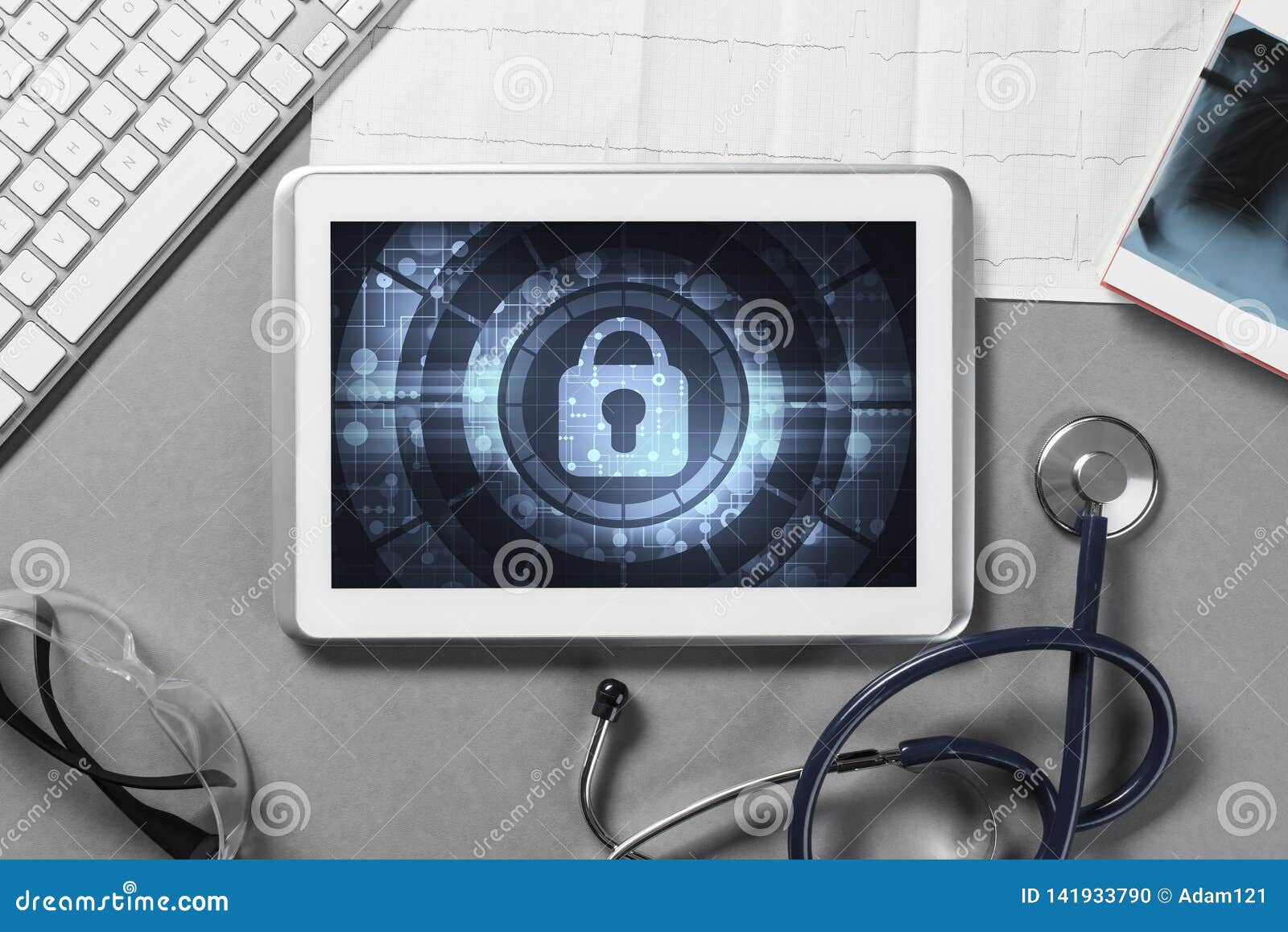 Web Security and Technology Concept with Tablet Pc on Table Stock Photo ...