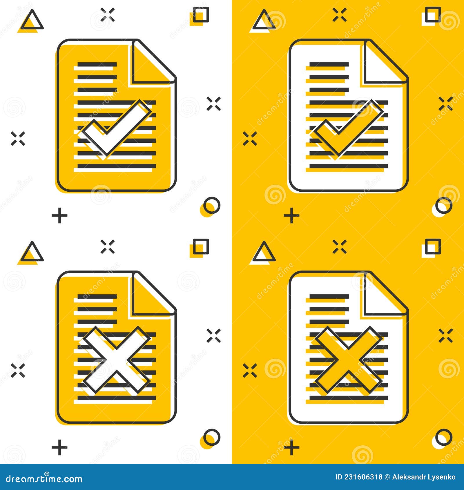 Document Accepted and Damaged Icon in Comic Style. Correct, Broken ...