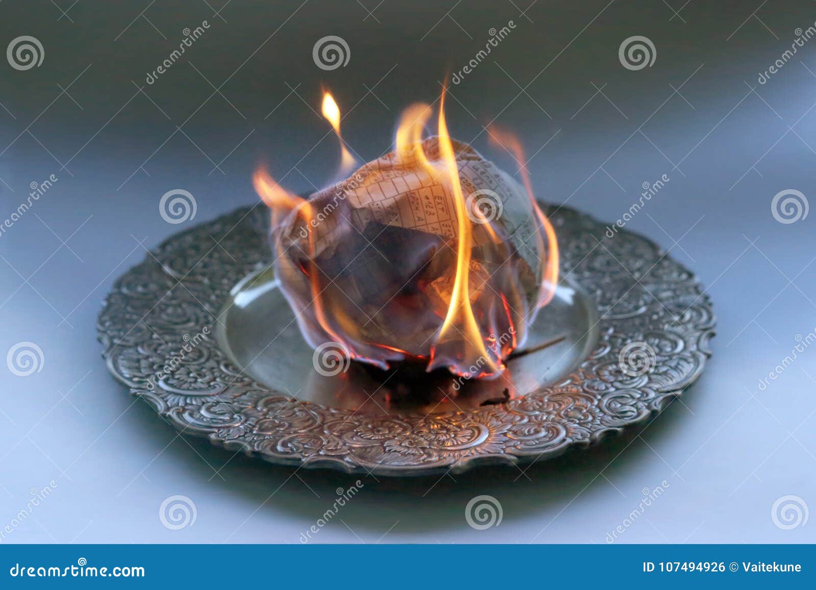 Document Burning in Vintage Plate. Stock Photo - Image of fire, note ...