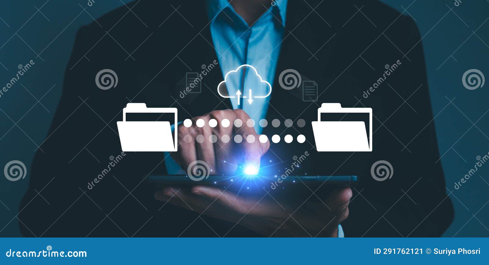 Document File Transfer. Businessman Working on a Laptop Using FTP. Data ...