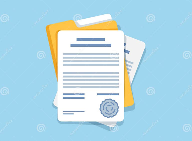 Document, Folder with Stamp and Text Icon in Flat Style. White Papers ...