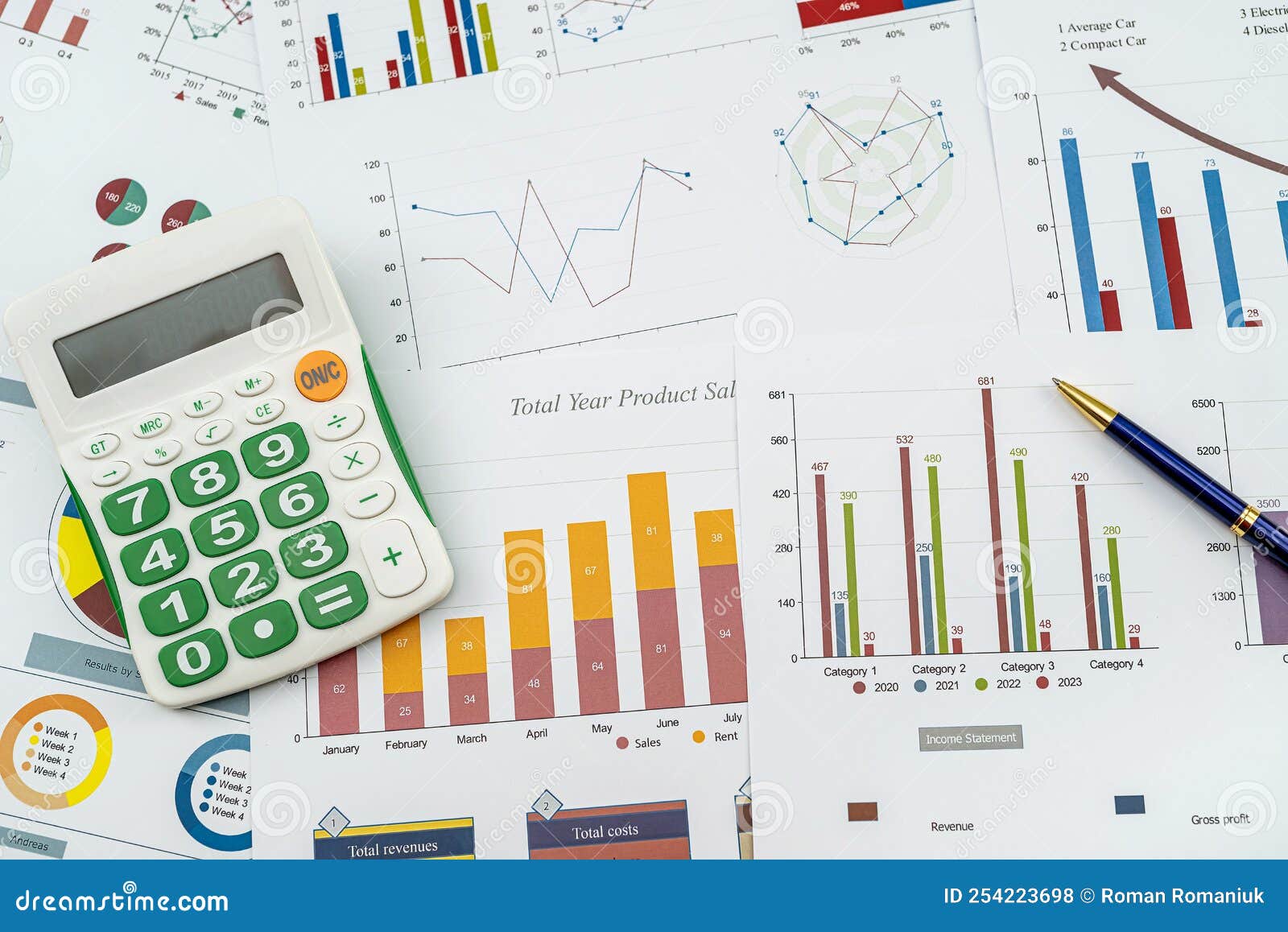 Document Graph Chart Annual Finance Report with Pen Calculator on Desk ... Document Graph Chart Annual Finance Report with Pen Calculator on Desk ...
