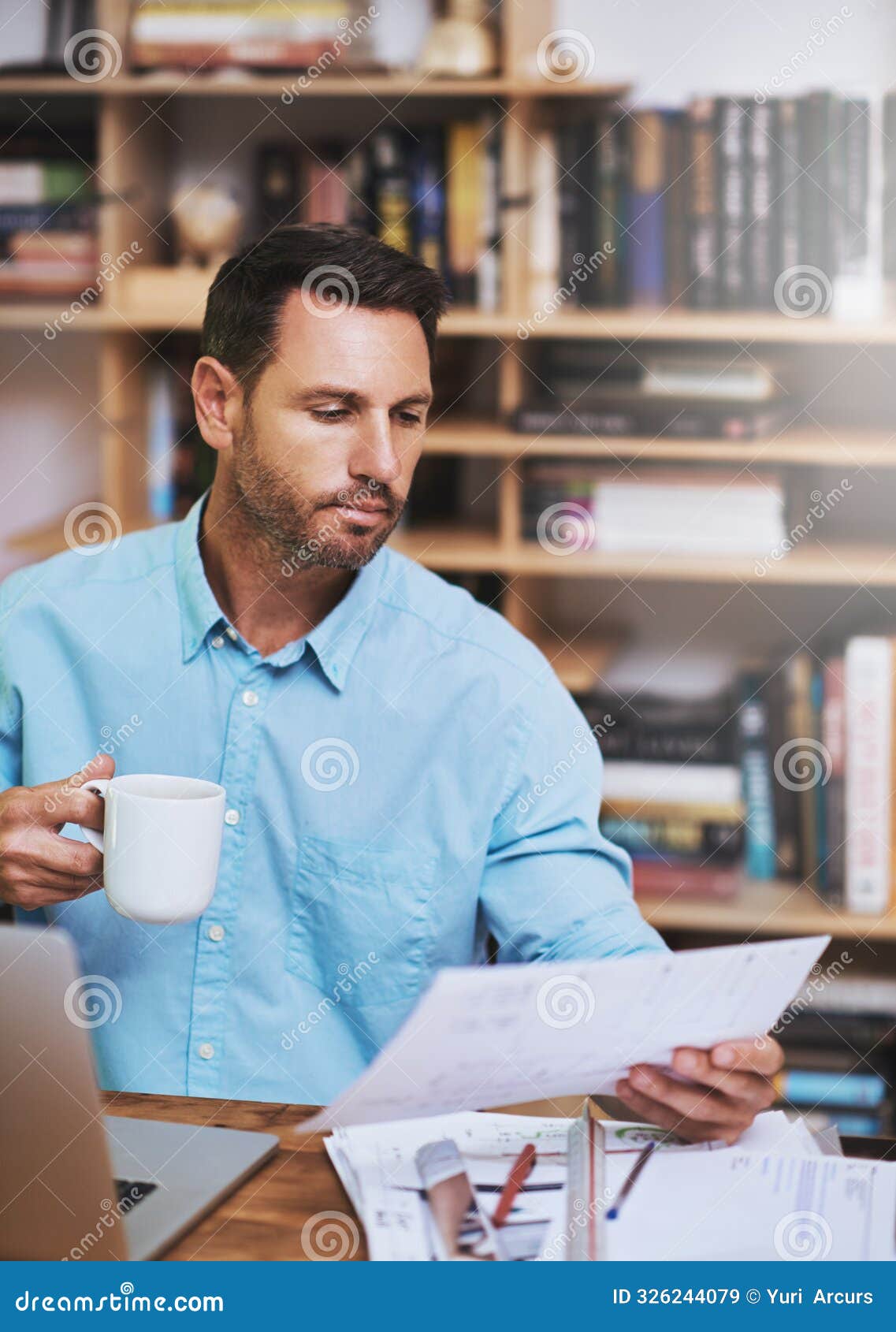 Document, Man and Coffee for Planning and Blueprint, Architecture and ...