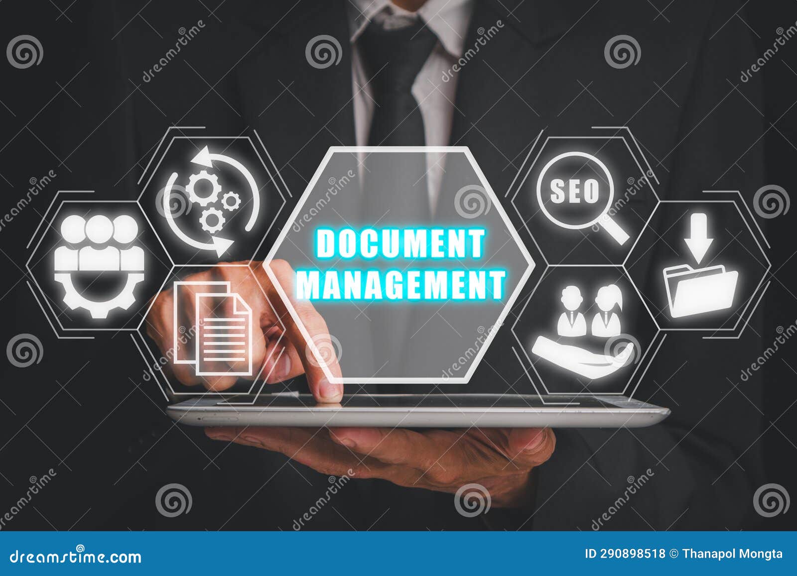 Businessman Using Digital Tablet with Document Management Icon on ...