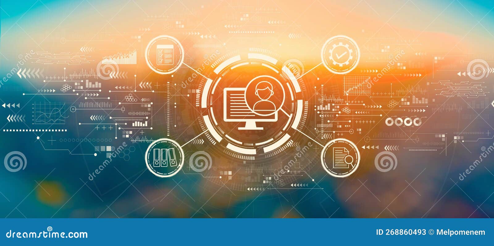 Document Management System Concept with Blurred City at Sunset or ...