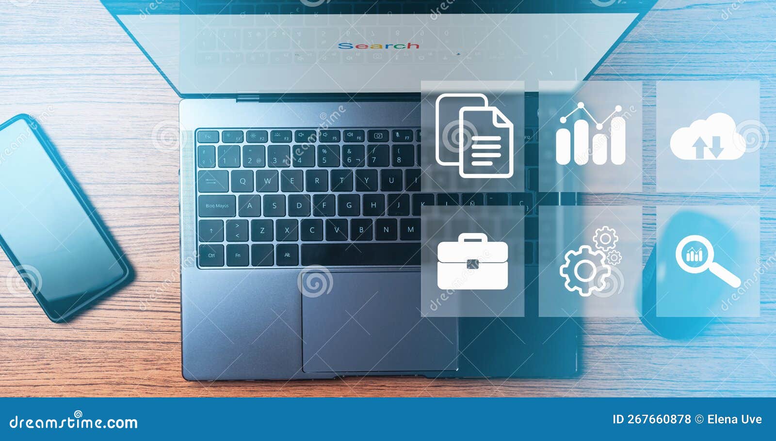 Desk Top View with Laptop, Smartphone and Mouse with Digital ...