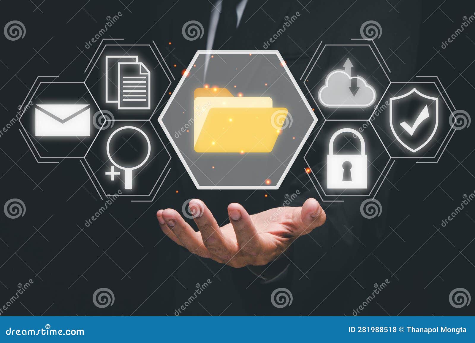 Businessman Hand Holding Folder and Document Icon on Virtual Screen ...