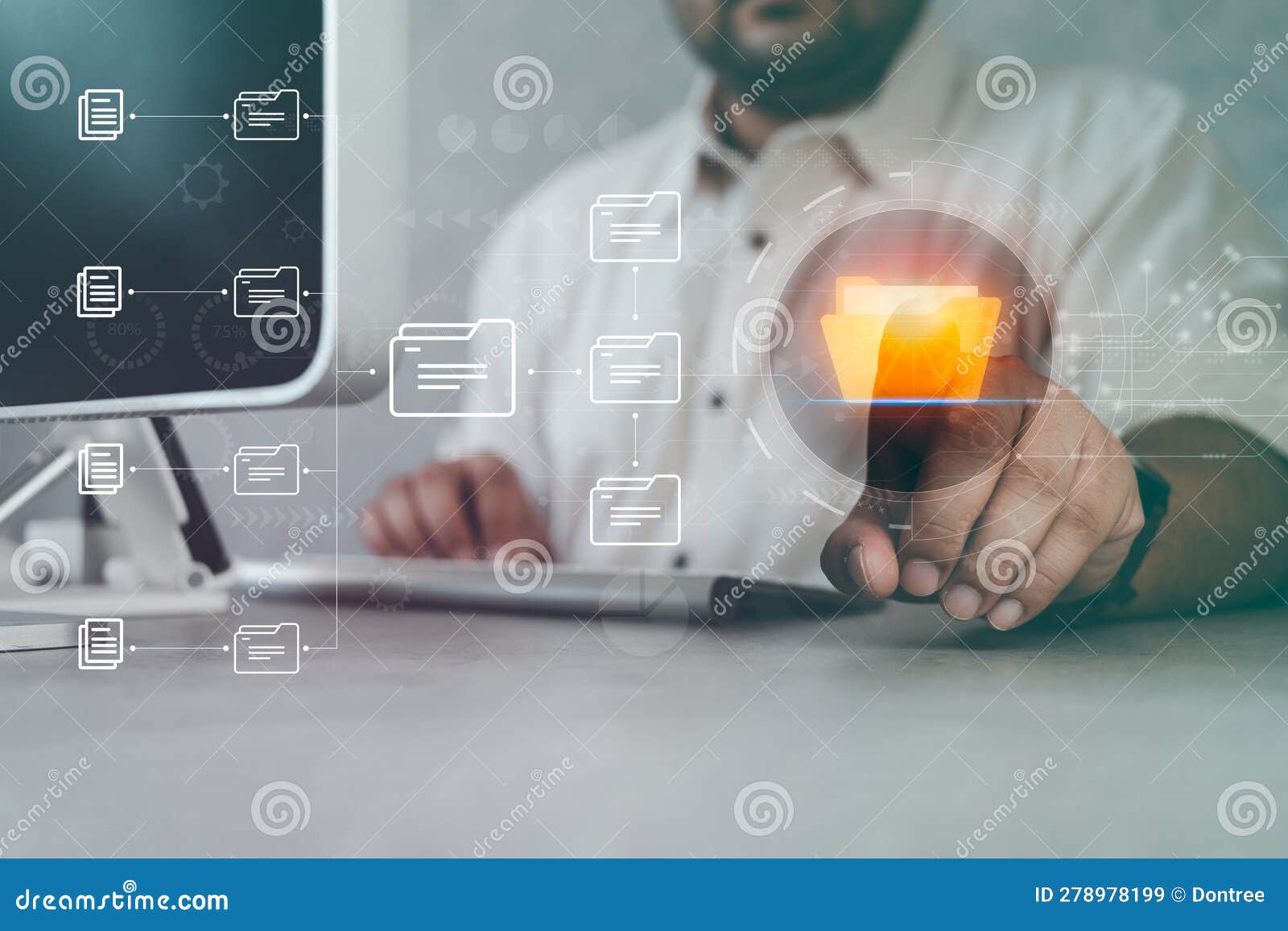 Officer Man Working on the Computer Desktop and Touch a Folder Document ...