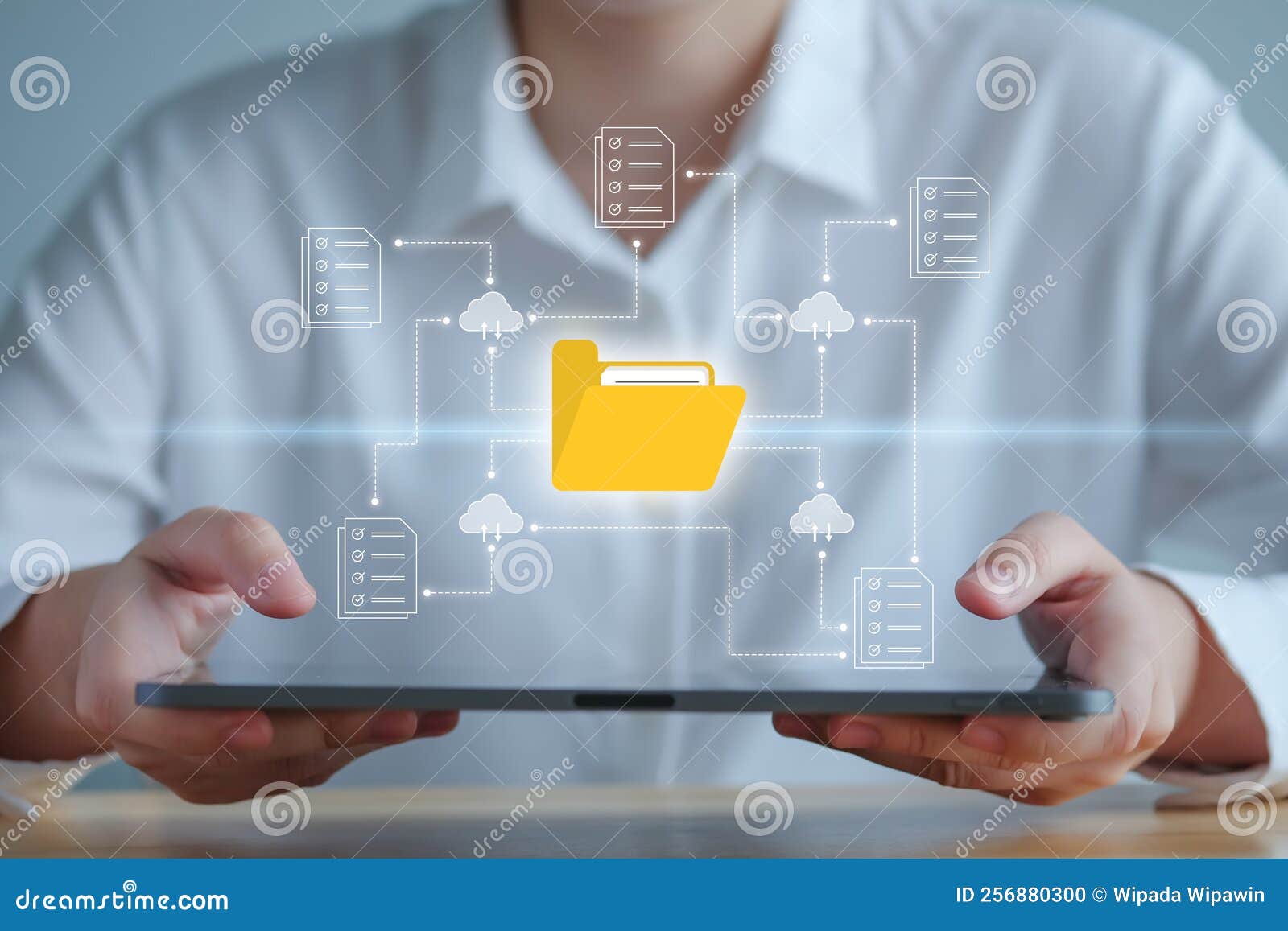 Hand Hold Tablet for Searching Folder and Document from Cloud. Document ...