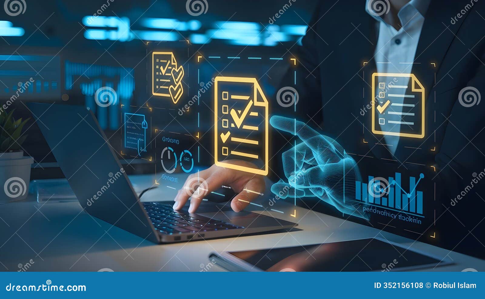 Document Review and Quality Control Process. Businessman Using Laptop ...