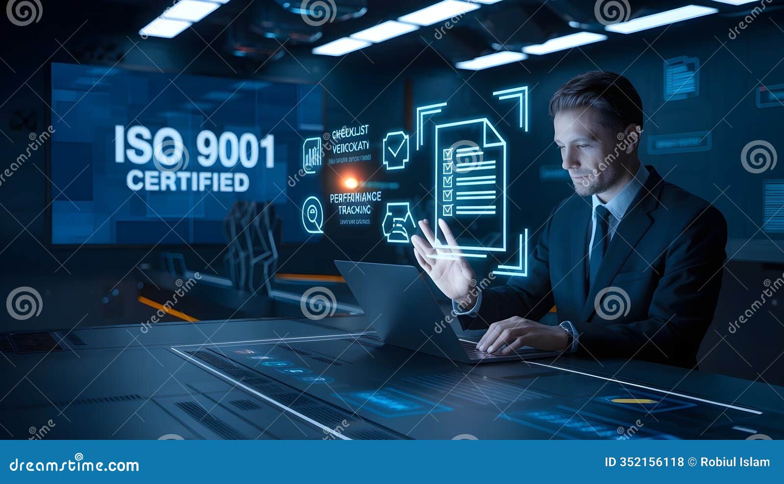 Document Review and Quality Control Process. Businessman Using Laptop ...