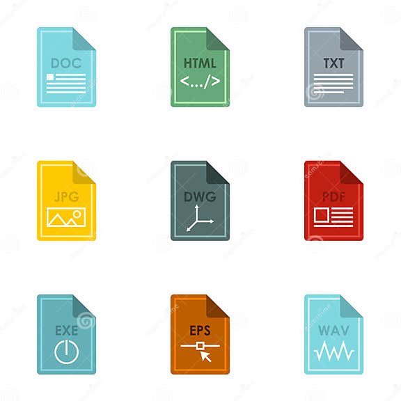 Document Types Icons Set, Flat Style Stock Vector - Illustration of ...