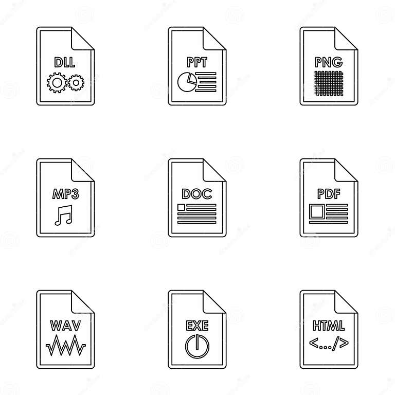 Document Types Icons Set, Outline Style Stock Vector - Illustration of ...