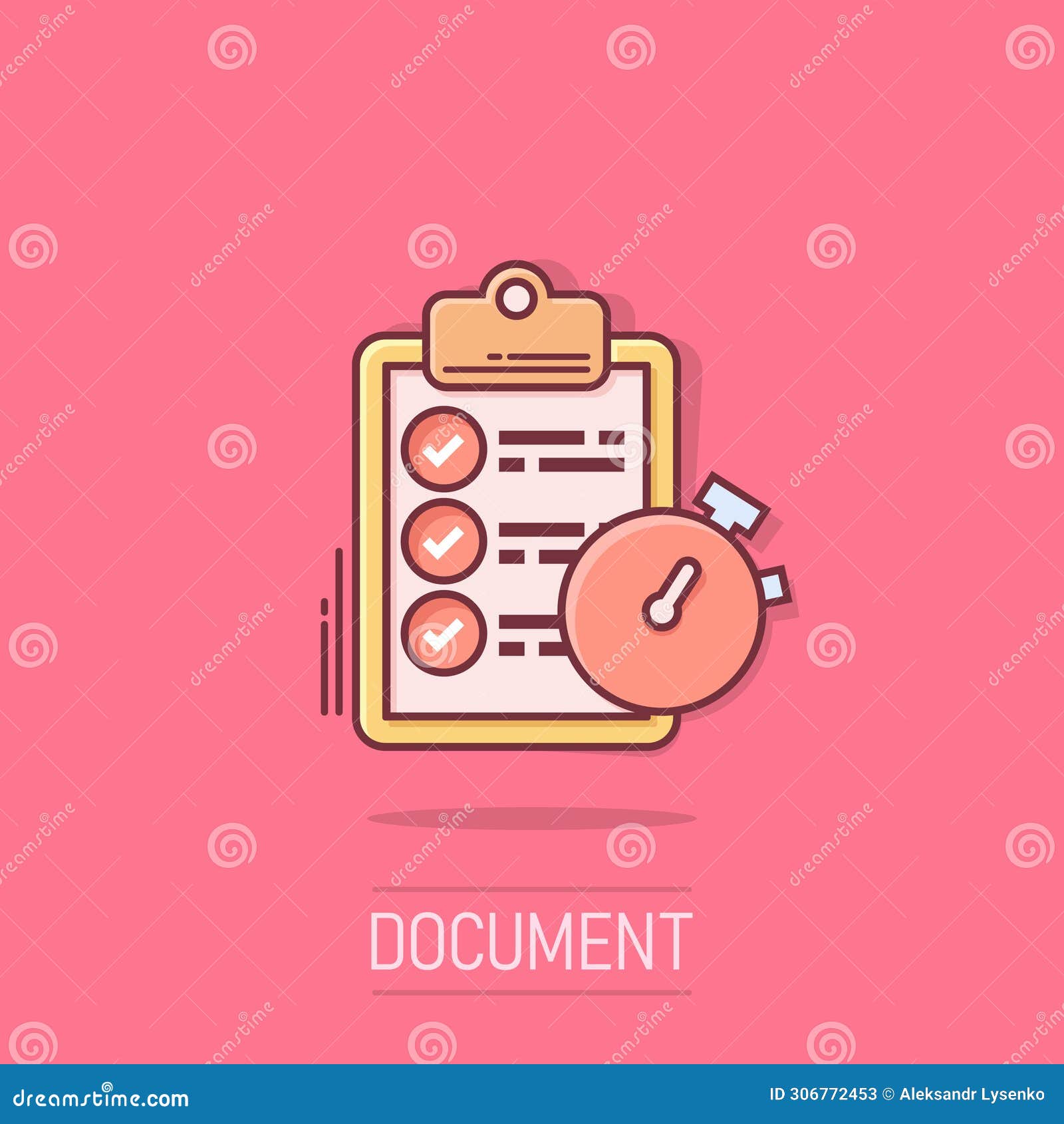 Document Witch Clock Icon in Comic Style. Checklist Survey Cartoon ...