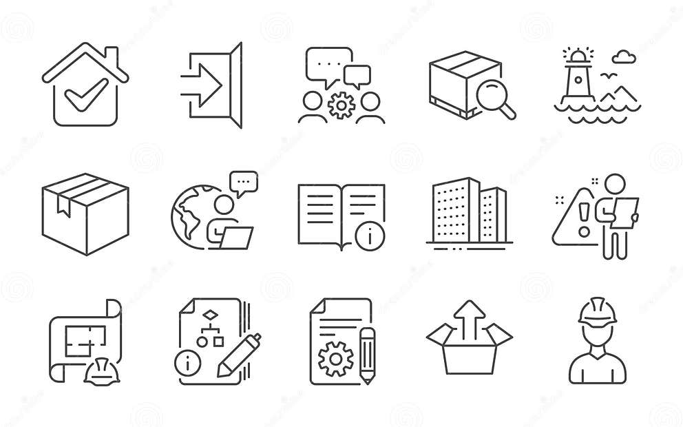 Documentation, Lighthouse and Send Box Icons Set. Algorithm, Technical Info and Parcel Signs ...