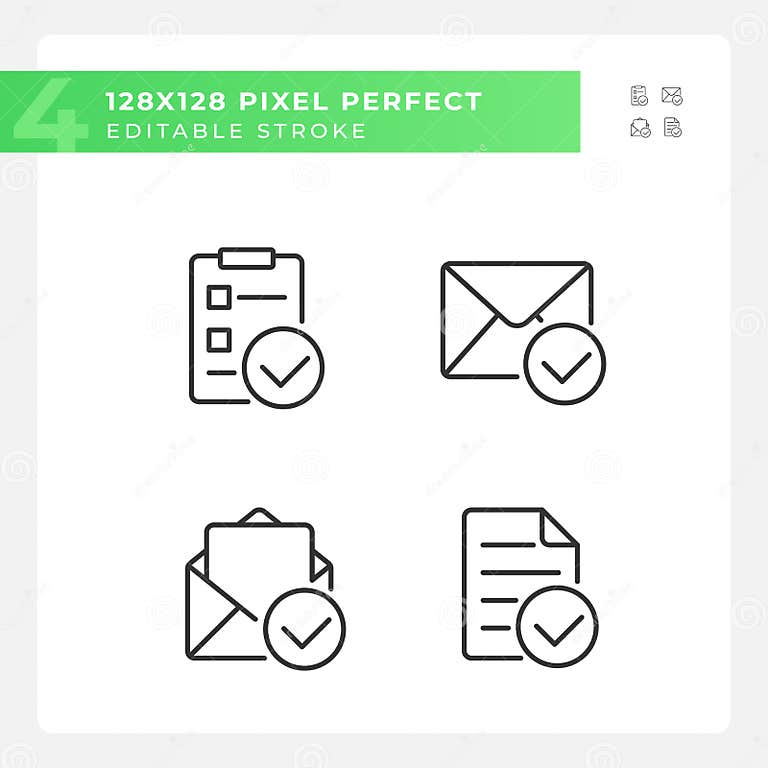 Documents with Checkmarks Pixel Perfect Linear Icons Set Stock Vector ...