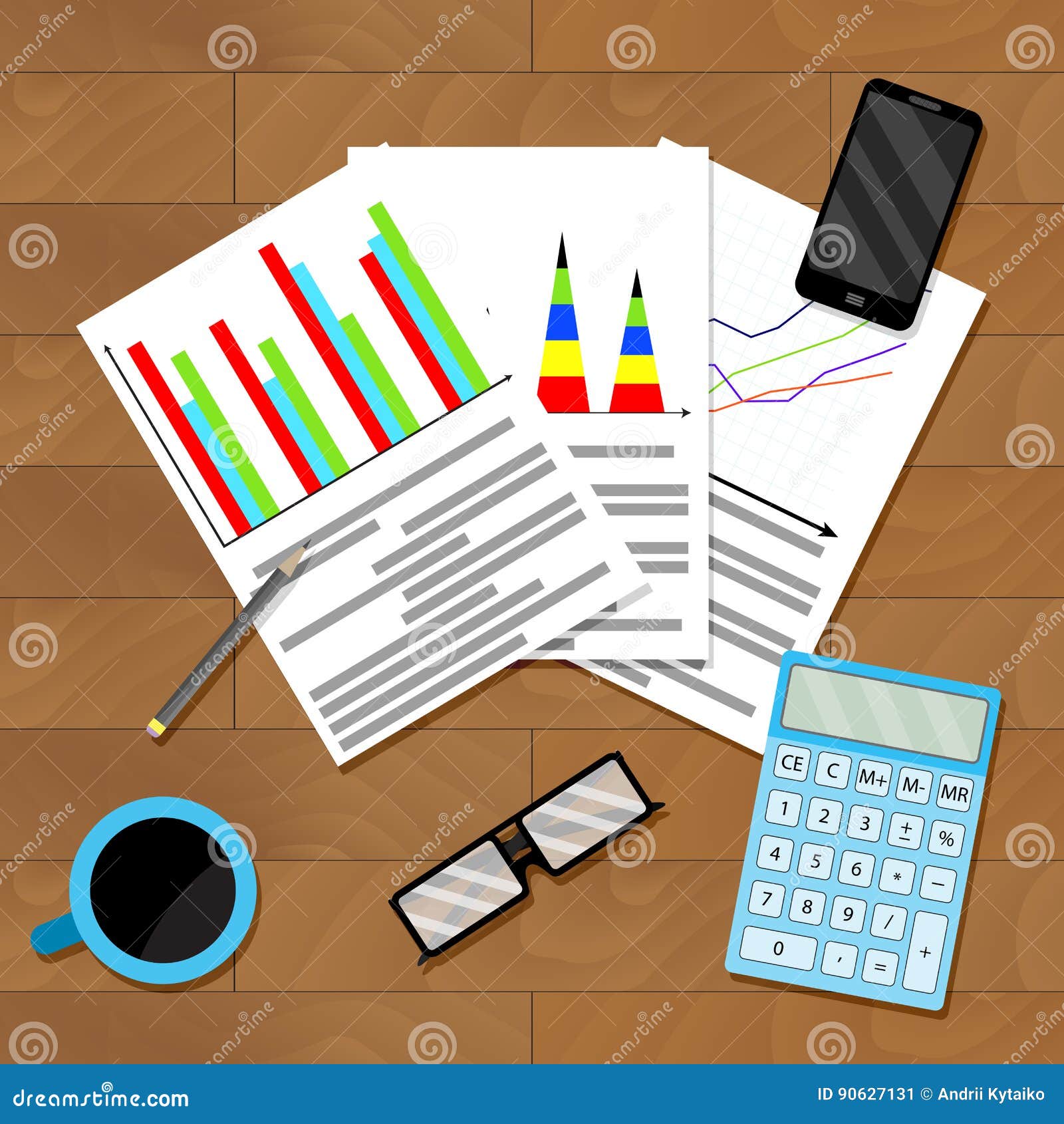 Documents with Diagram and Graph on Table Stock Vector - Illustration ...