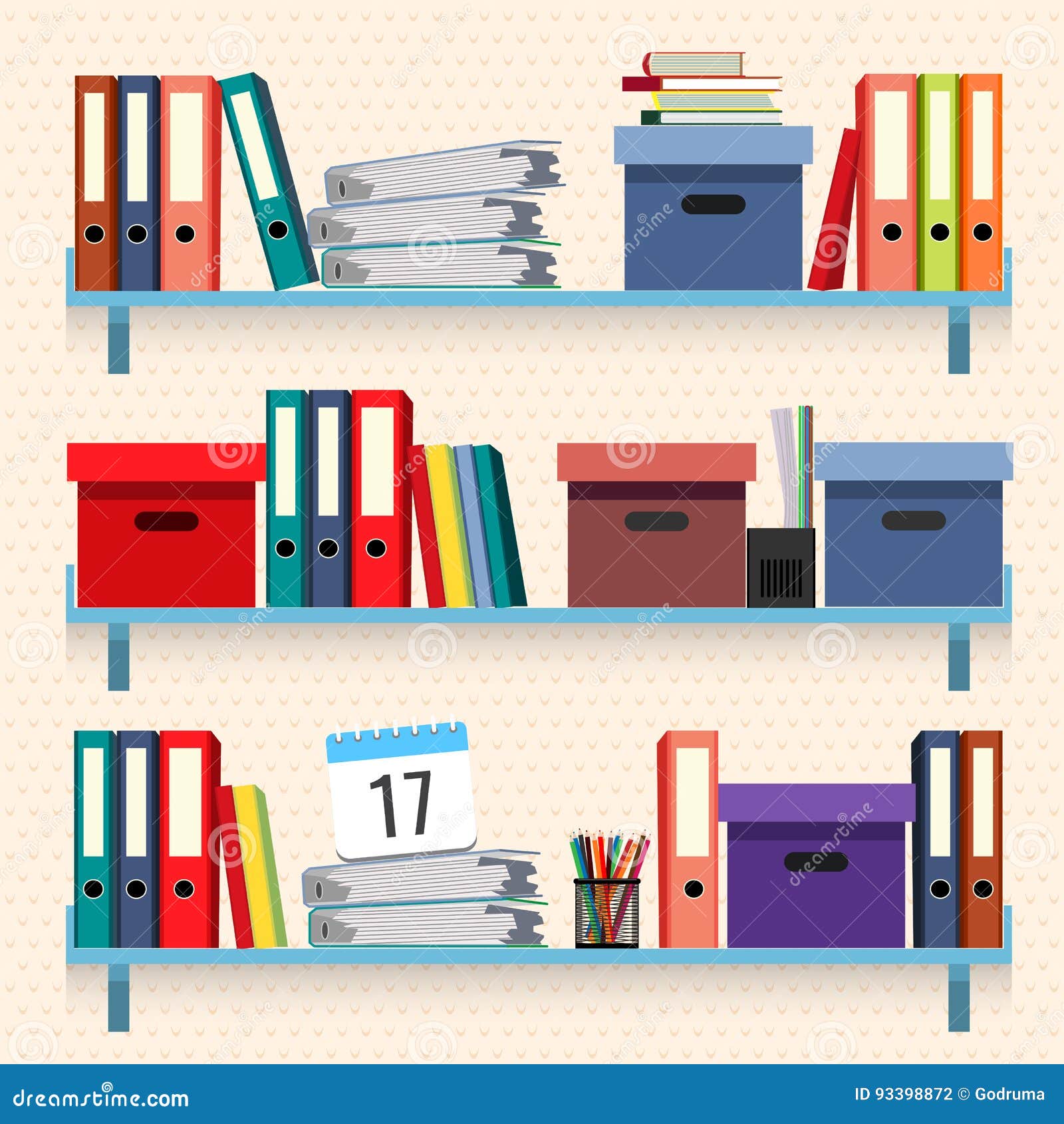 Documents and Folders on Shelves Set Vector Illustration Isolated Stock ...