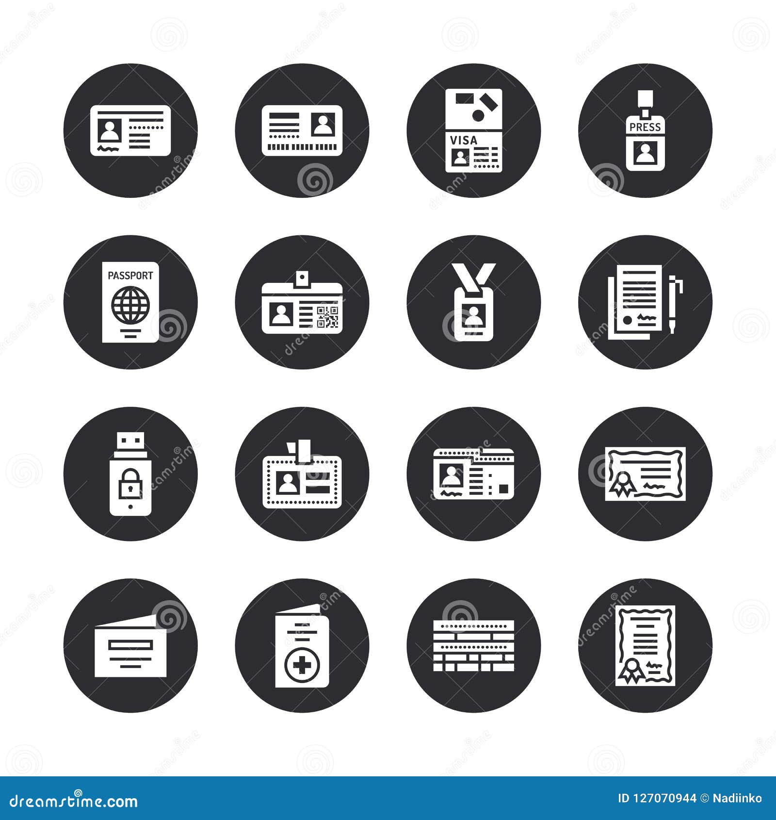 Documents, Identity Vector Flat Glyph Icons. ID Cards, Passport, Press ...