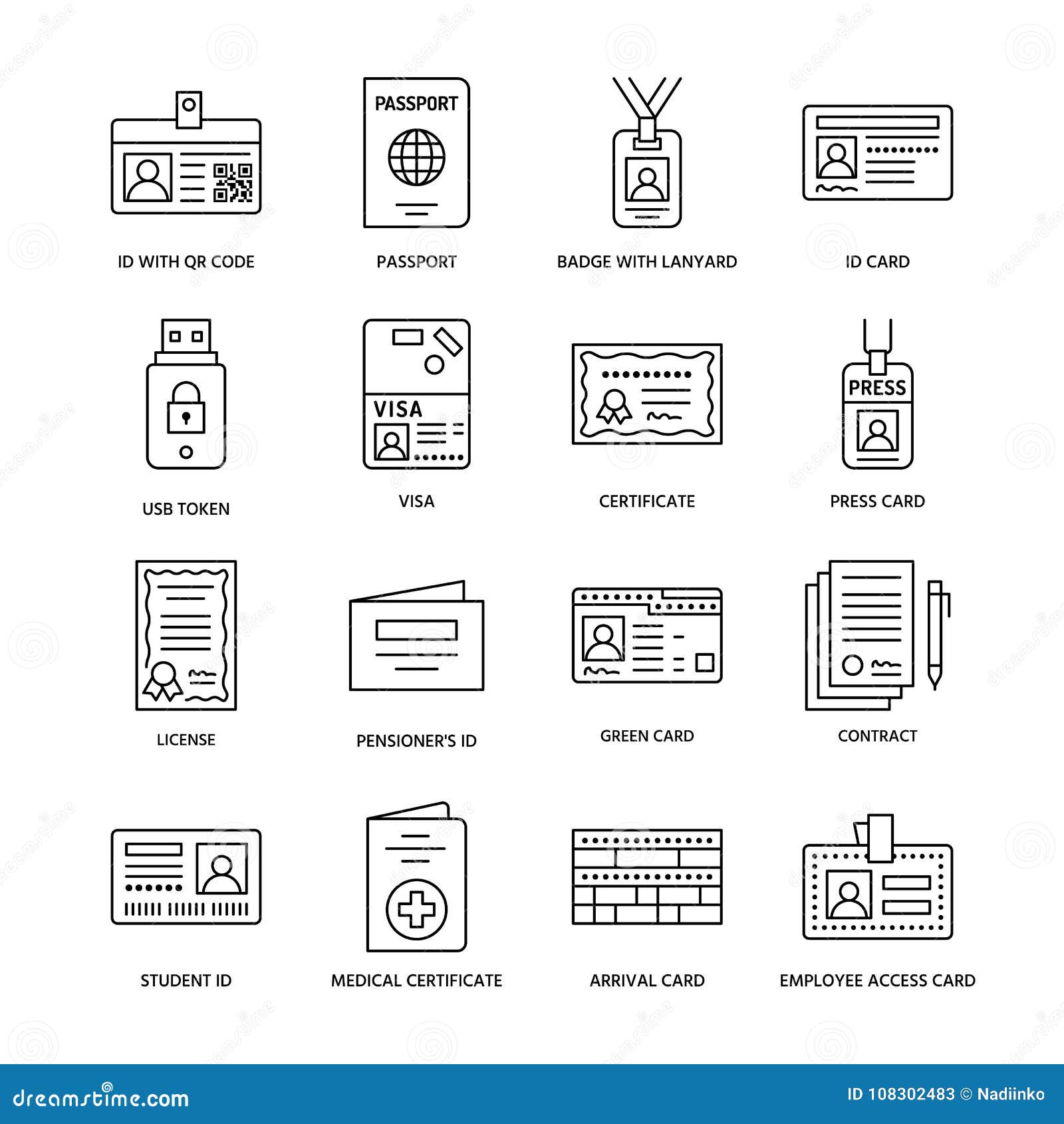 Documents Identity Vector Flat Line Icons. ID Cards, Passport, Press ...