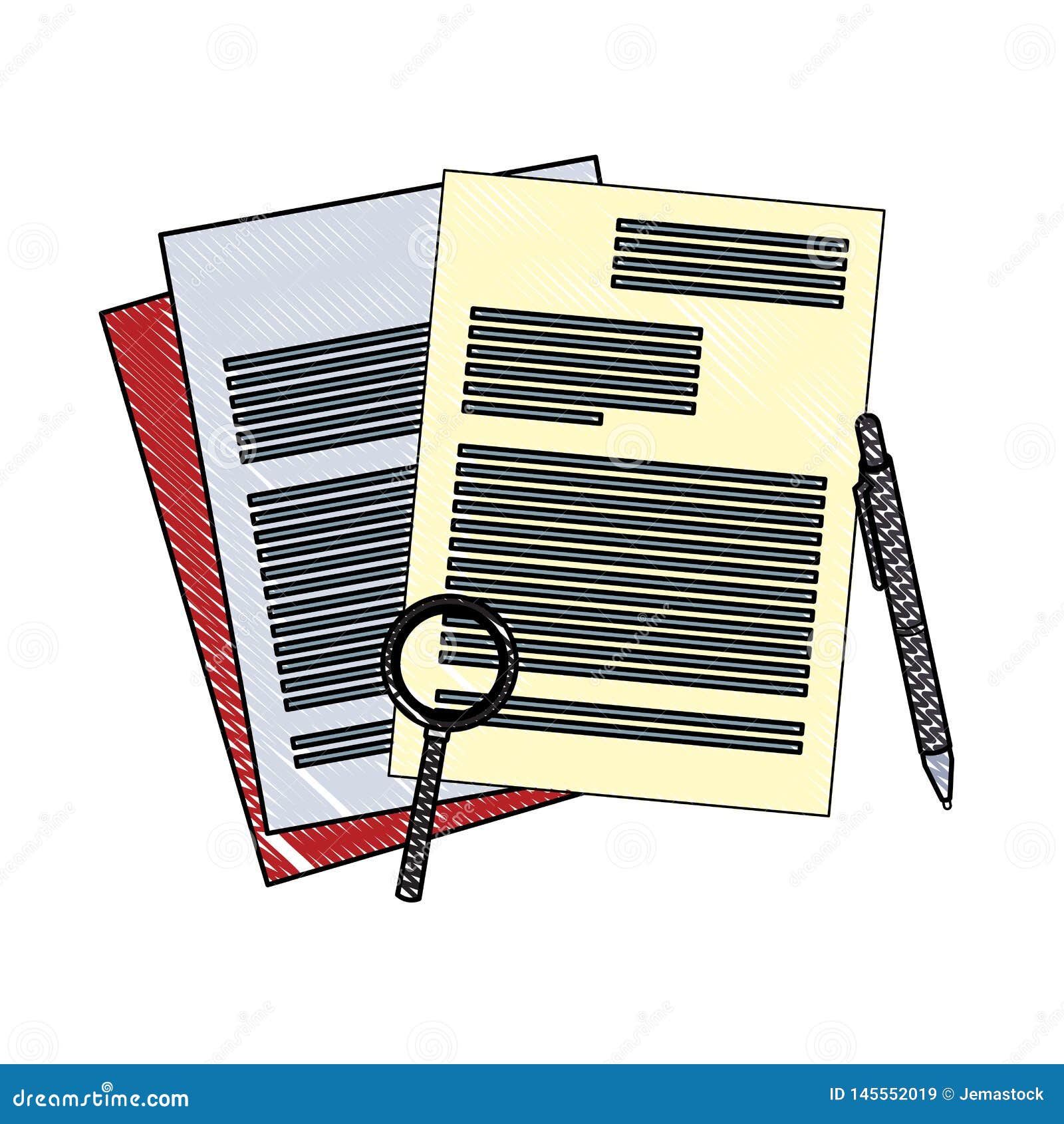 Documents and Magnifying Glass with Pen Scribble Stock Vector ...
