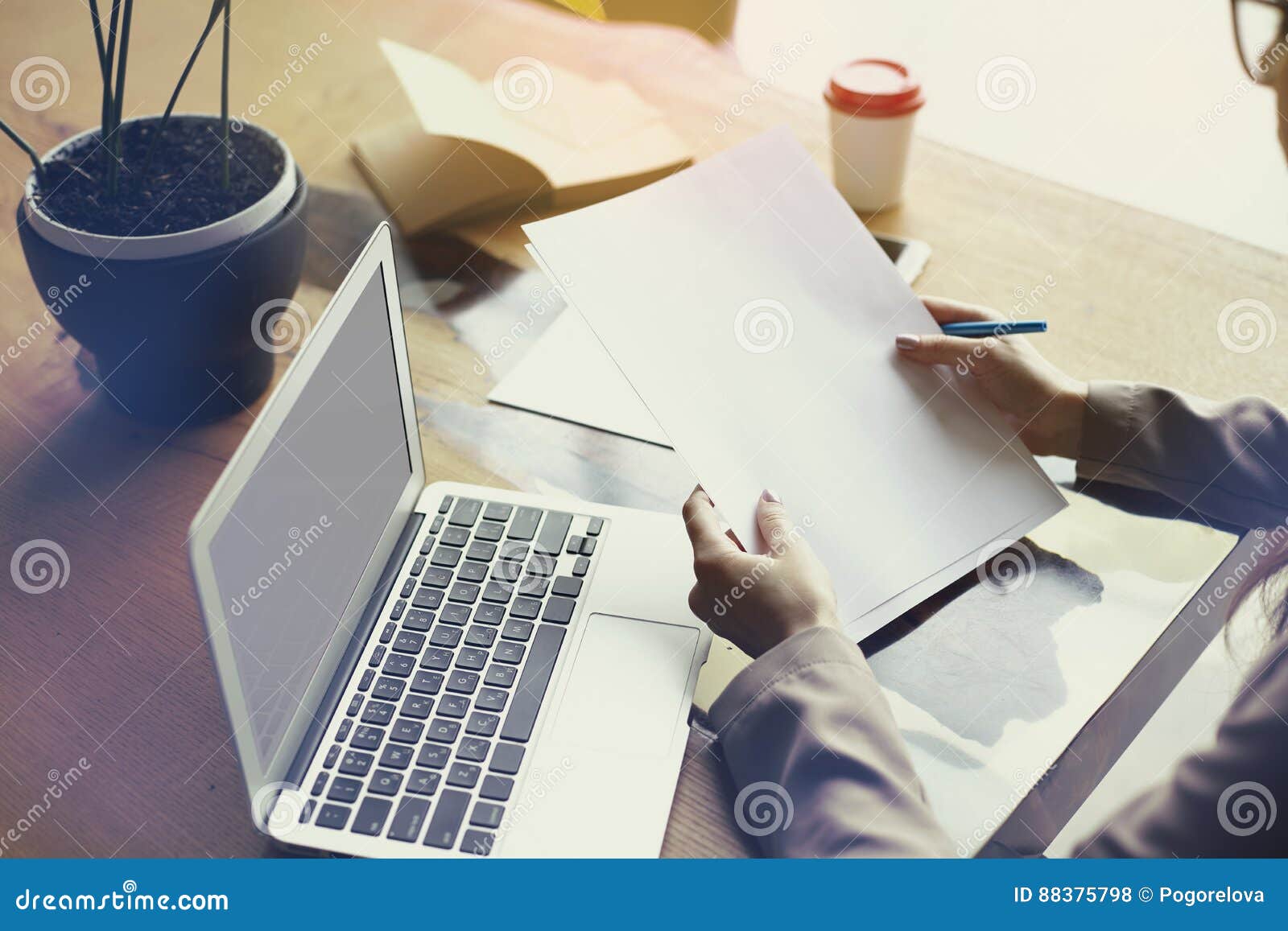 Documents Paper Sheet in Loft Office, Working on Laptop Computer. Team ...