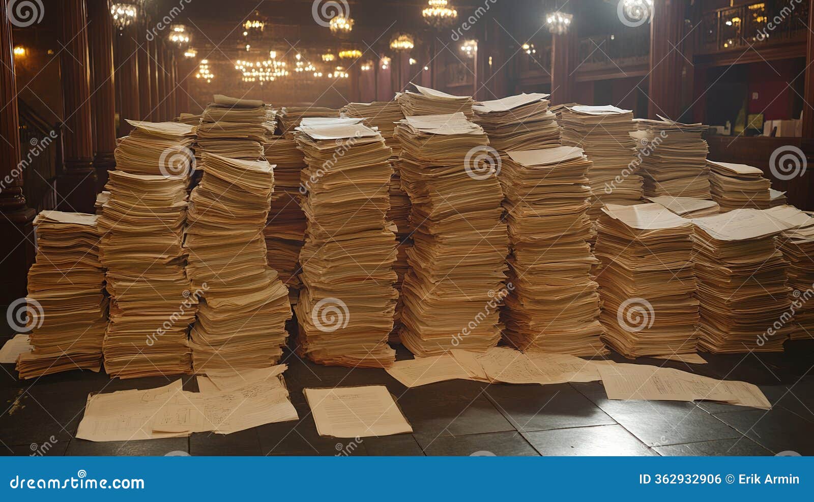 Documents Piled High in Grand Hall, Paperwork Overflowing, Background ...