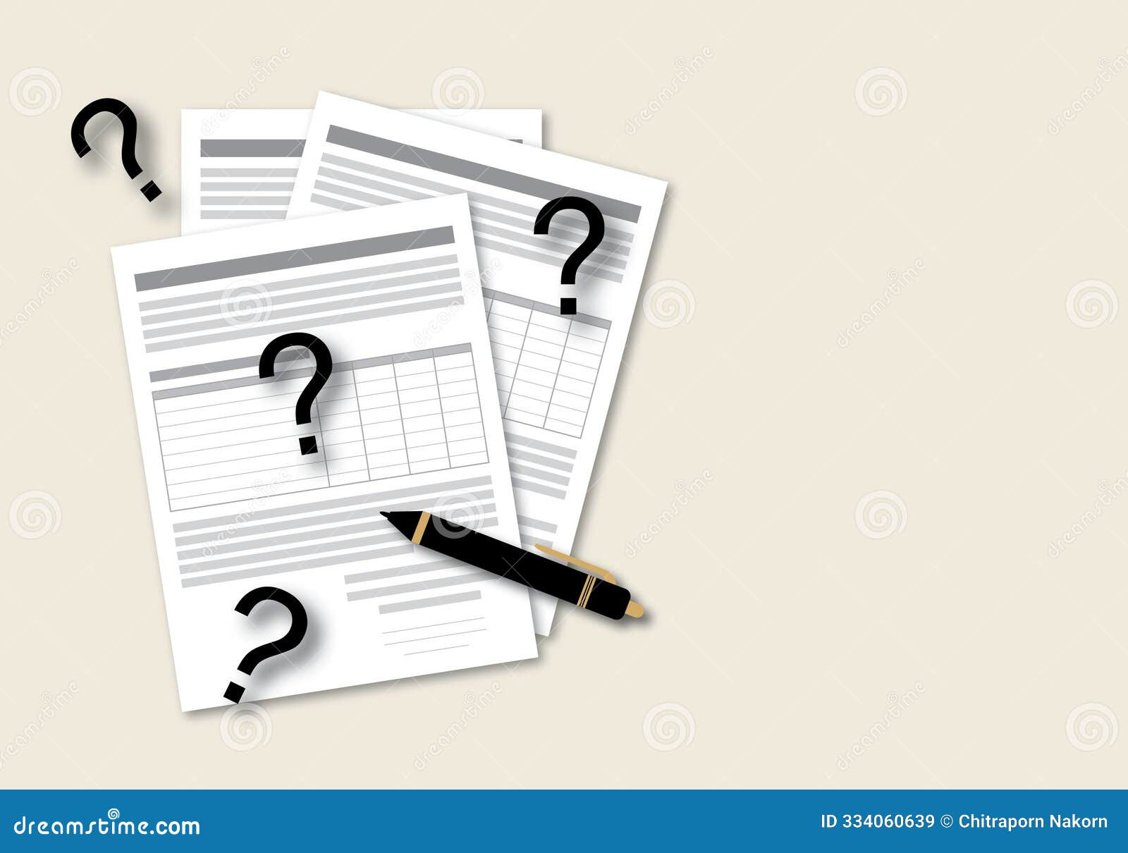 Documents with Question Mark and Pen. Illustration for Problem of ...