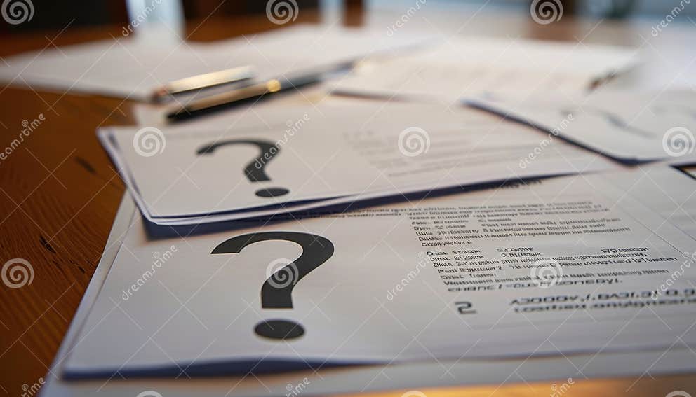 Documents with Question Marks Scattered on a Wooden Table during a ...