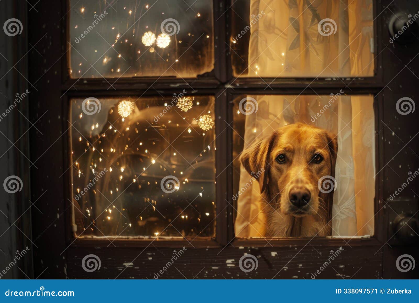Dog Afraid of Fireworks Looking through Window Stock Illustration ...
