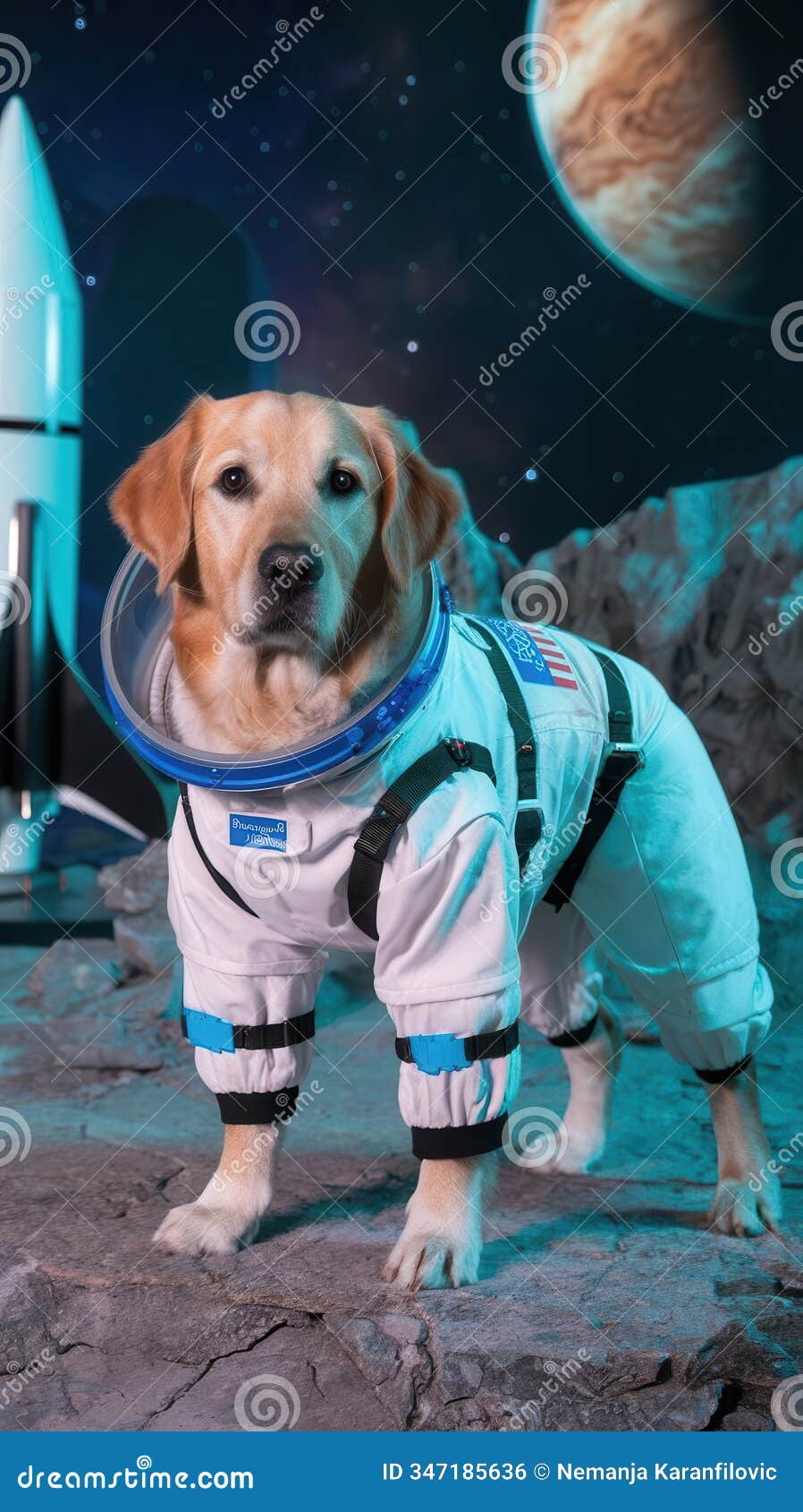 Dog in Astronaut Costume Standing on Rocky Surface with Space-themed ...
