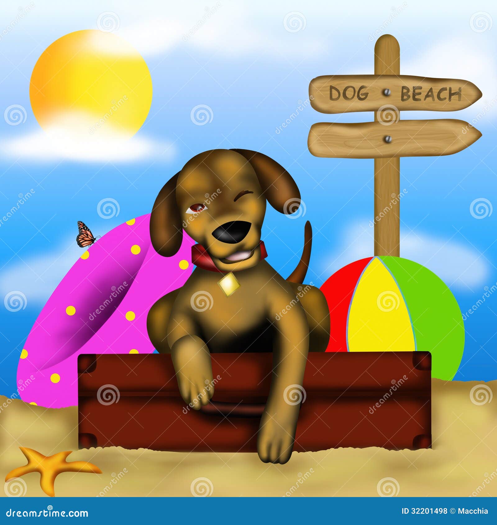Dog on the beach stock illustration. Illustration of travel - 32201498