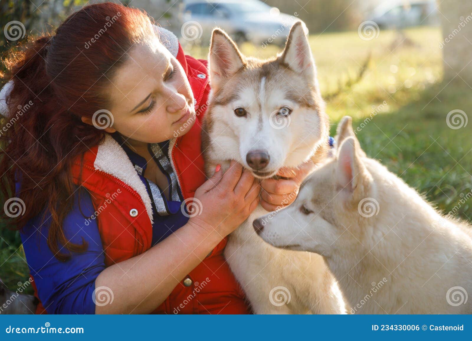 The Dog Breeder is Hugging with Her Husky Dogs Stock Photo - Image of ...