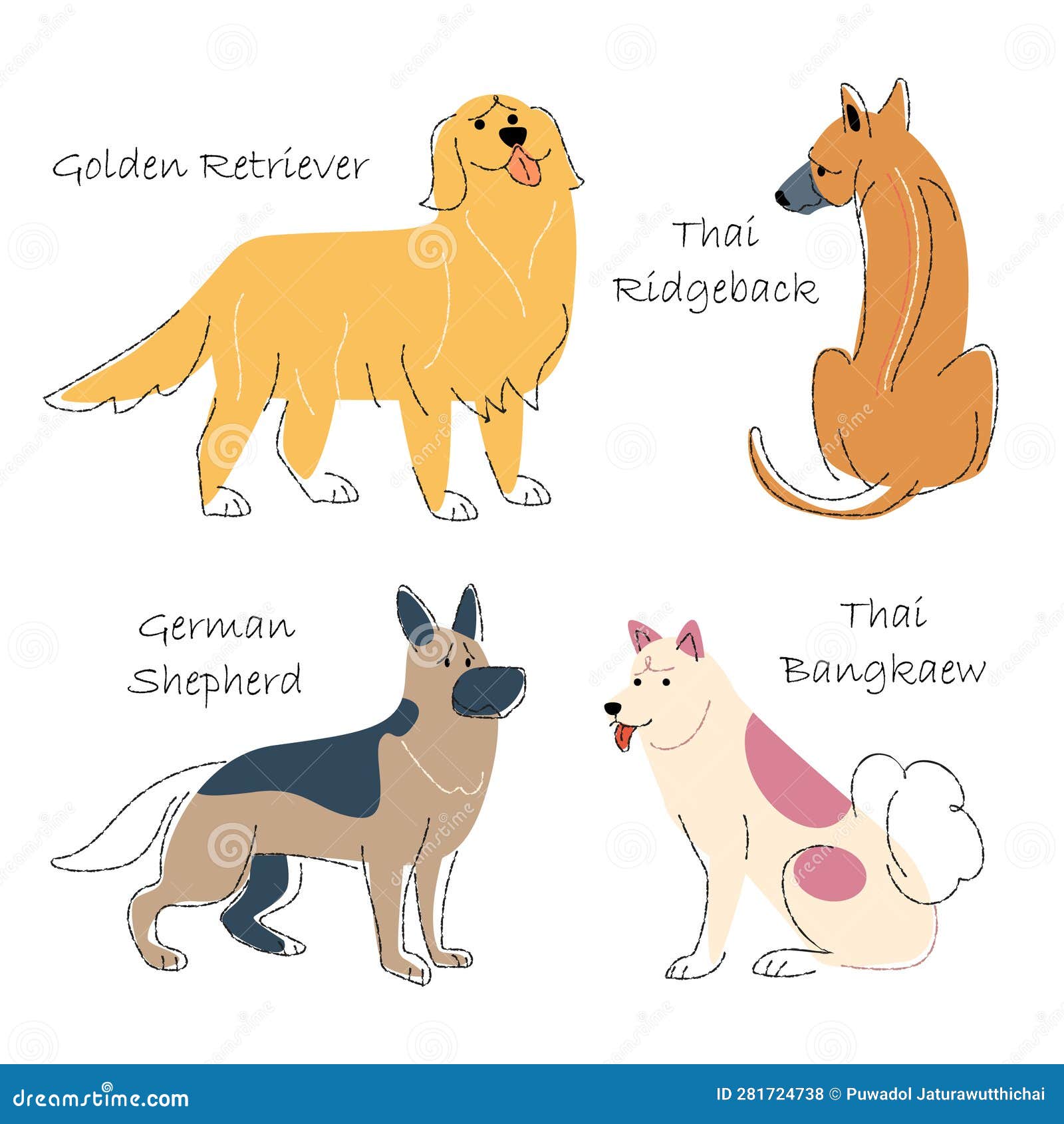 Dog Breeds Set 4 . Flat Shape and Pencil Line Drawing Design Stock ...