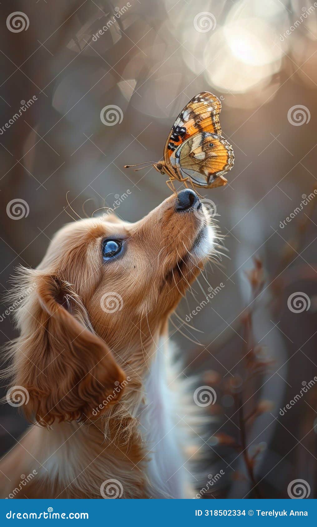 The Dog and the Butterfly. the Butterfly Sits on the Dog S Nose Stock ...