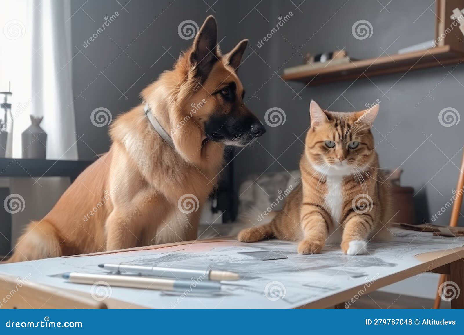 Dog and Cat Architects Drawing Blueprints on Drafting Table Stock ...