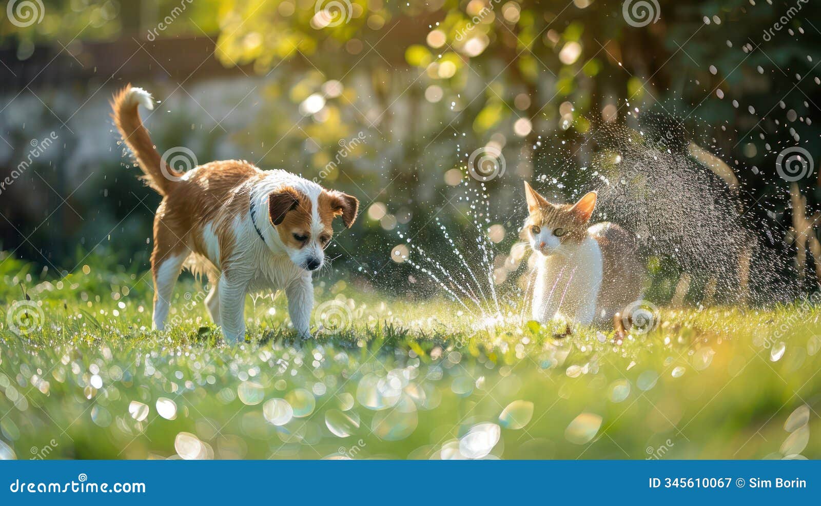 Dog and Cat Cooling Off with a Sprinkler Stock Illustration ...