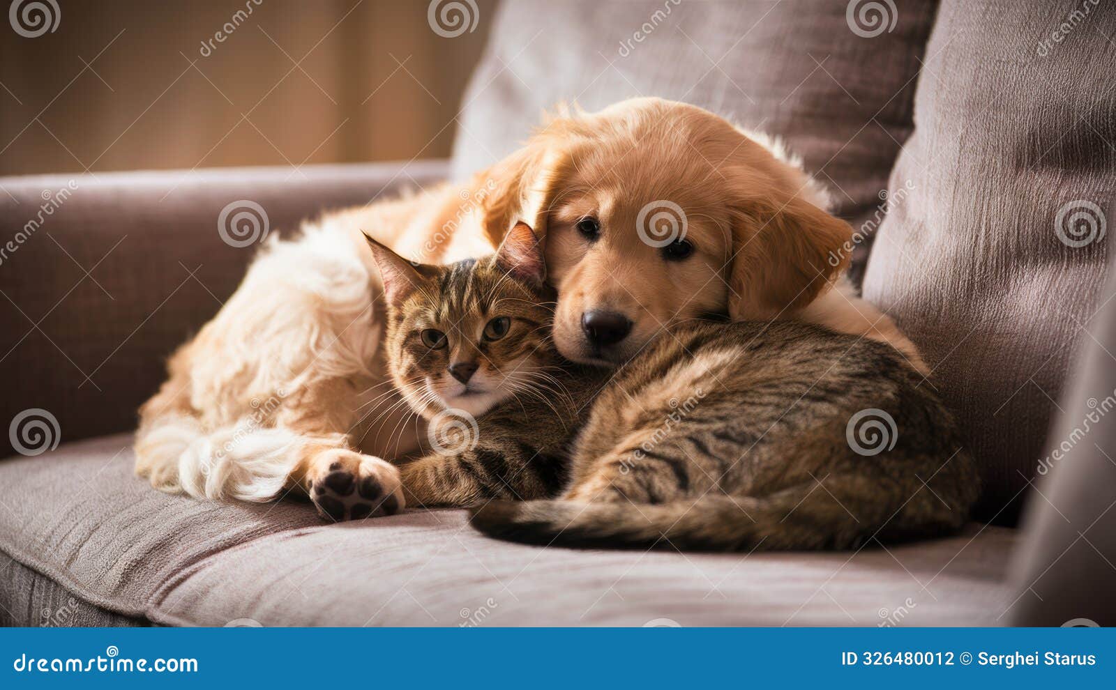 A Dog and Cat Cuddling on a Couch Together, AI Stock Photo - Image of ...
