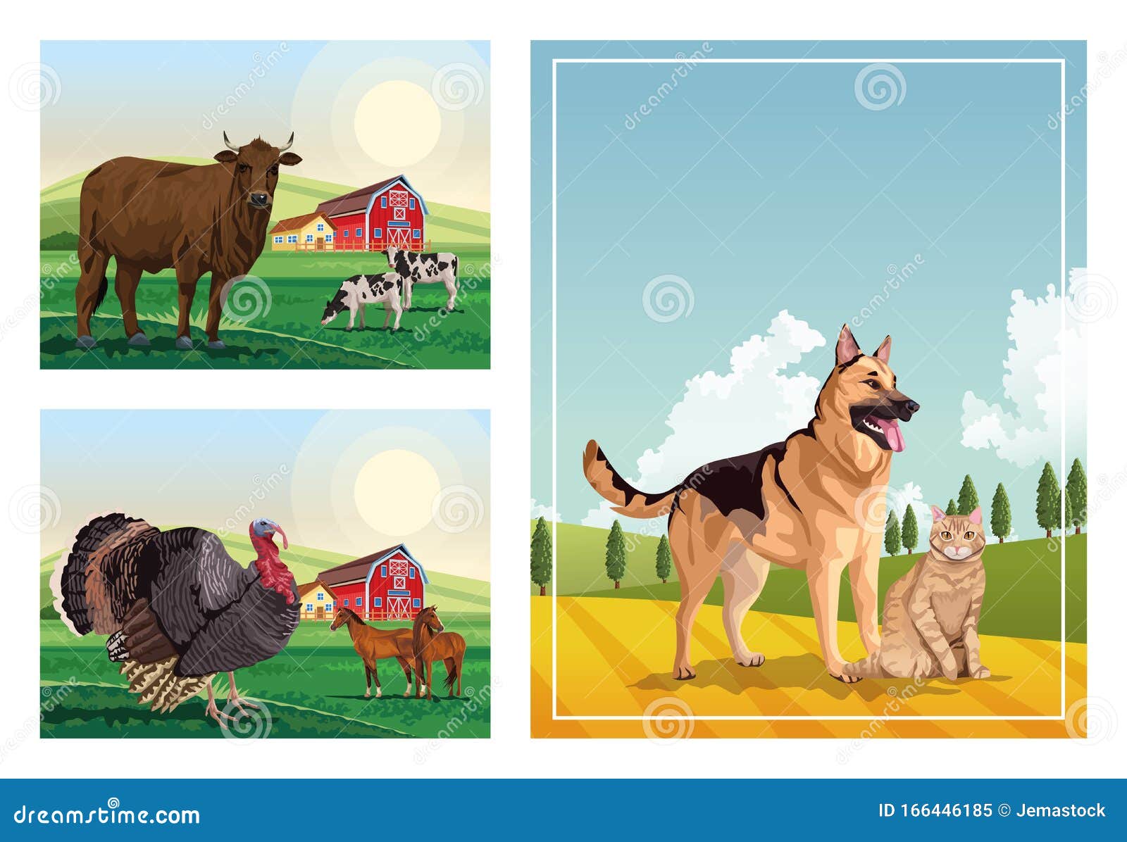 Dog and Cat with Farm Animals in the Camp Scenes Stock Vector ...