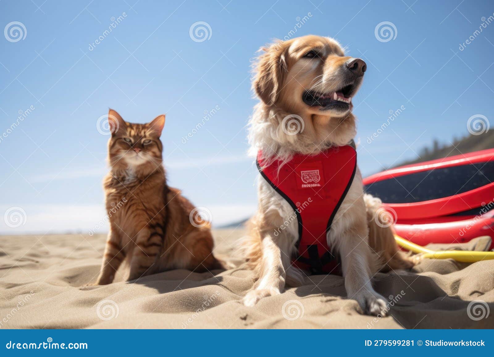 Dog and Cat Lifeguards Taking a Break on Sun-drenched Beach Stock ...