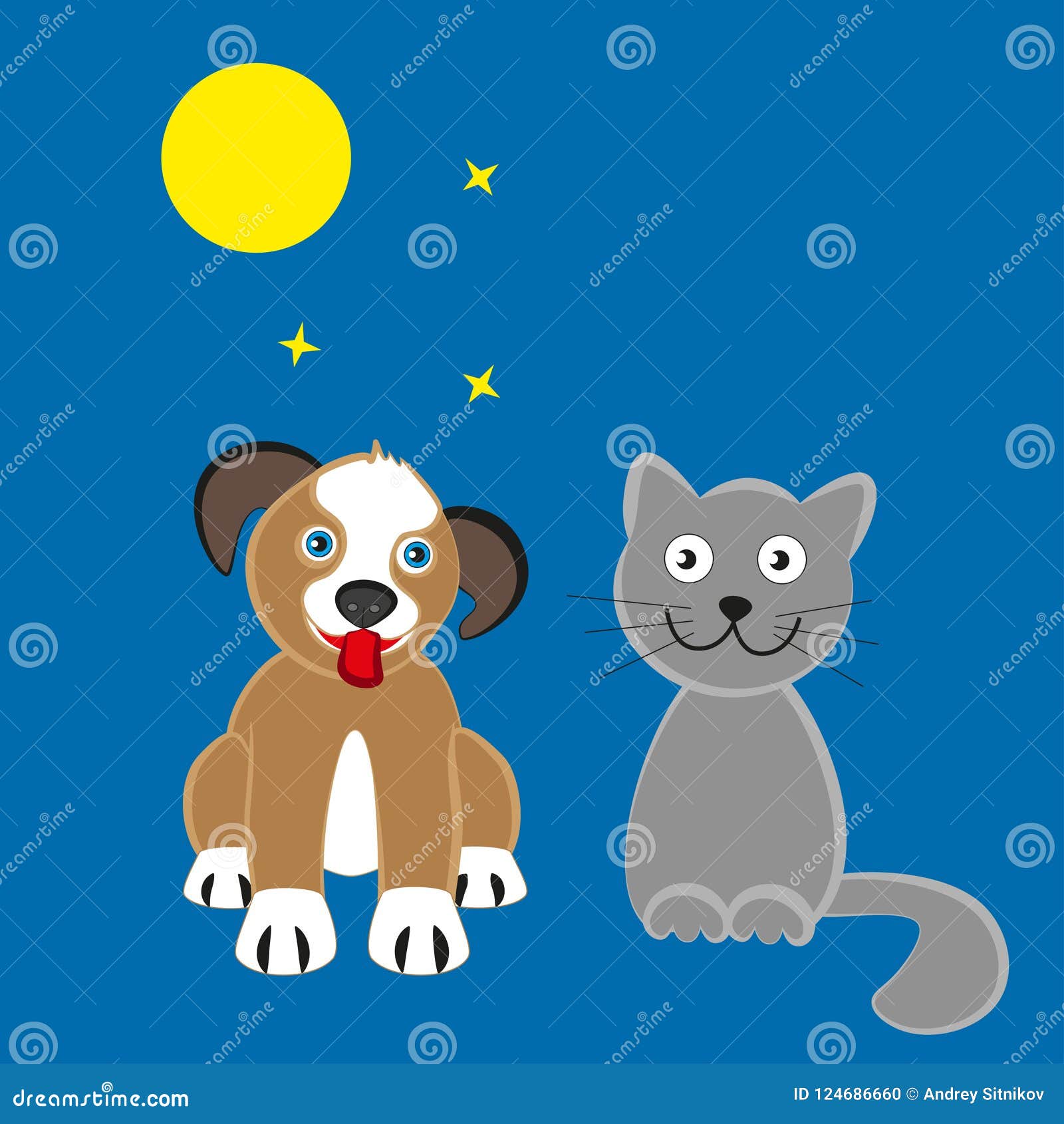 Dog and cat moonlit night. stock vector. Illustration of night - 124686660
