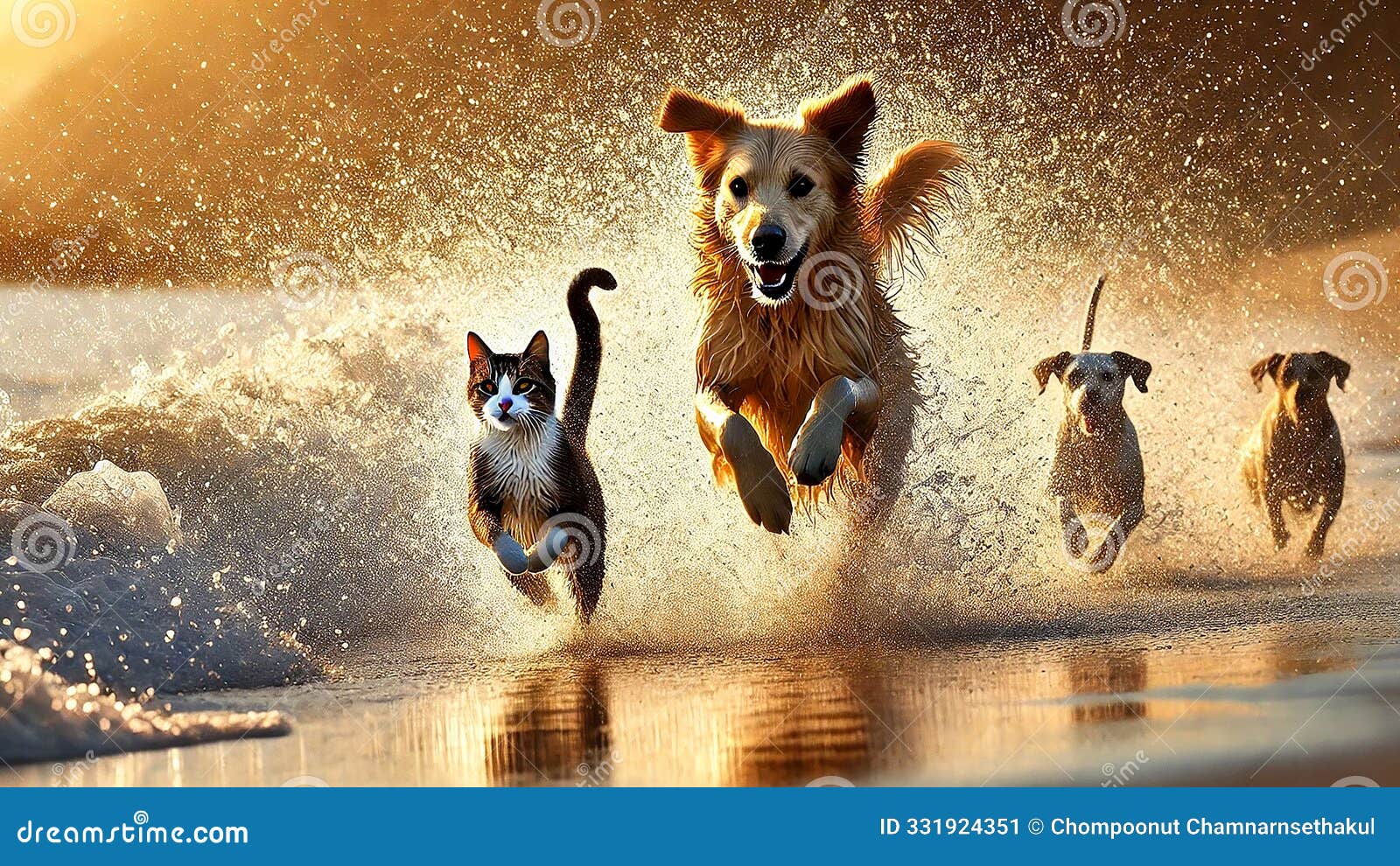 Dog and Cat Running Side by Side Along the Water Edge Stock ...