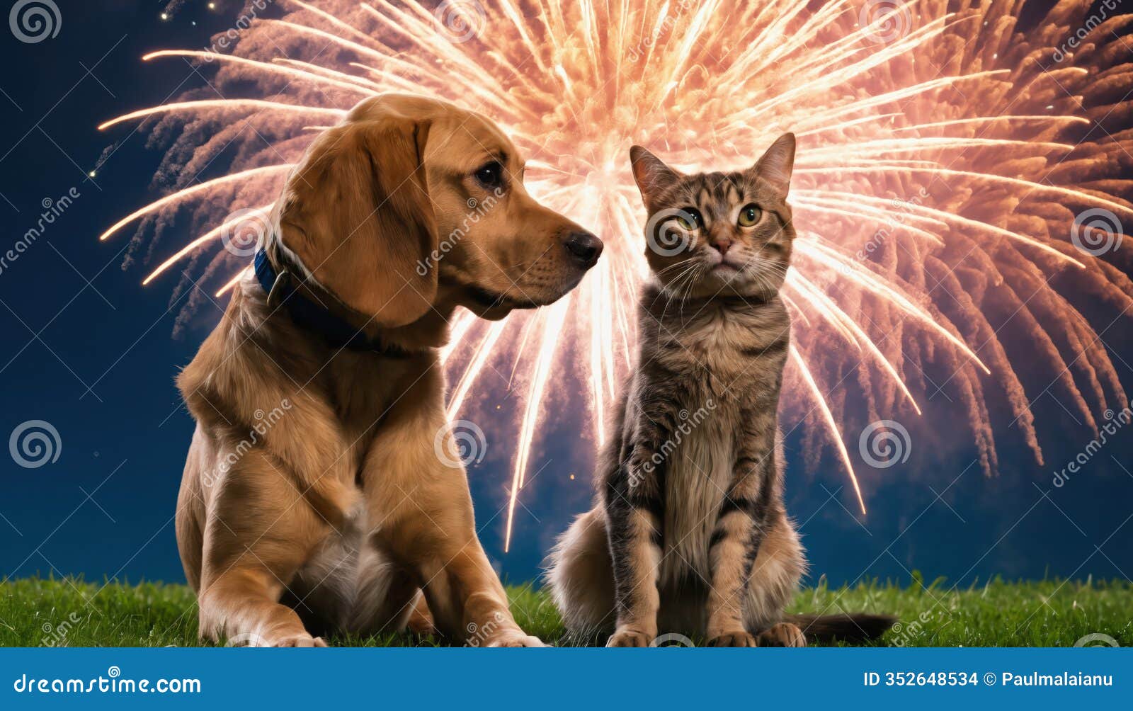 A Dog and a Cat Scared by Fireworks. Stock Illustration - Illustration ...