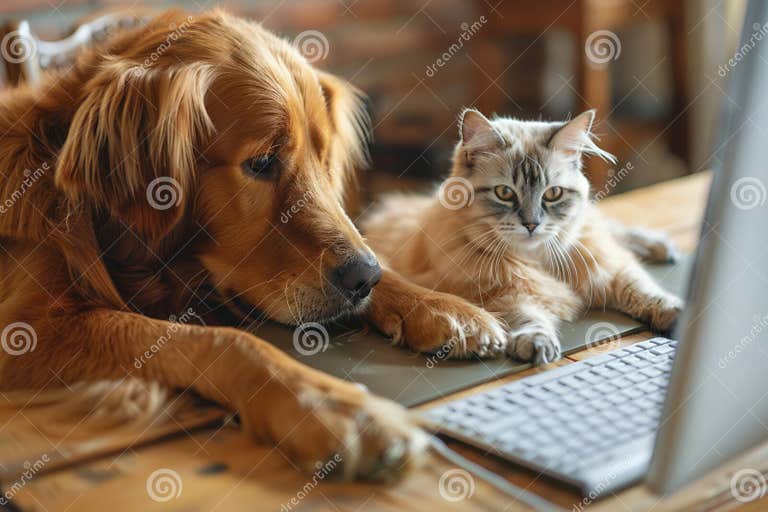 Dog and a Cat Sitting on a Table and Browsing on a Computer. Generative ...